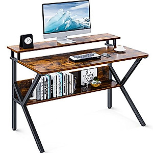 ODK Small Desk, 39 Inch Small Computer Desk for Small Spaces, Compact Desk with Storage, Tiny Desk Study Desk with Monitor Stand for Home Office, Rustic Brown
