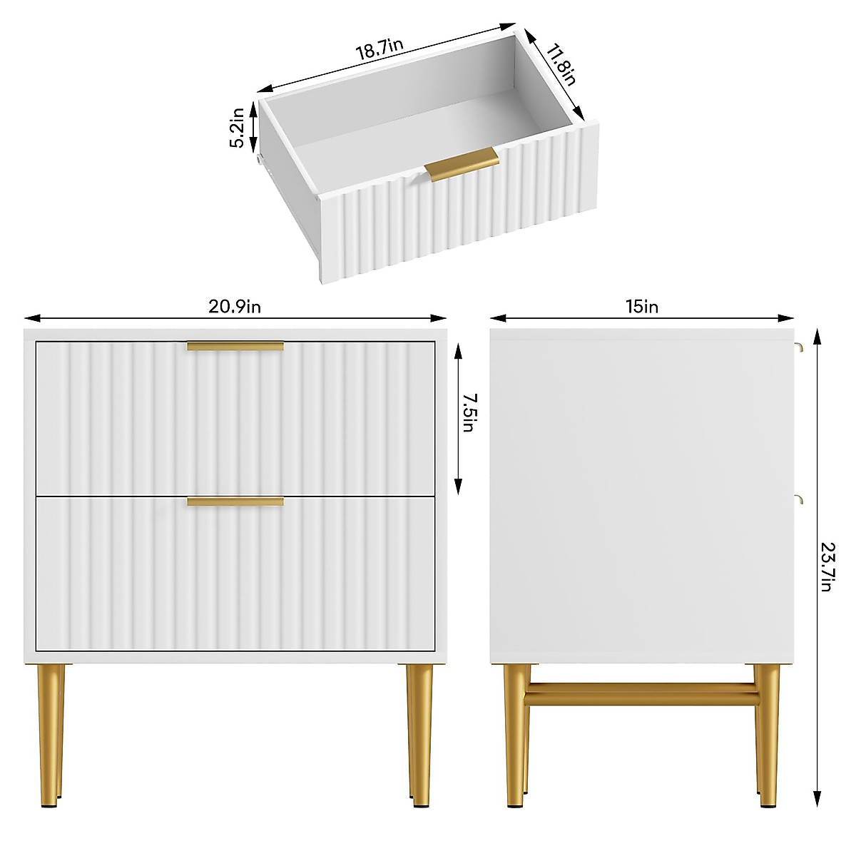 HQZX White Nightstand Set of 2 with Charging Station, Fluted Nightstand with Drawers, Modern Bedside Table with Gold Legs, End Table for Bedroom