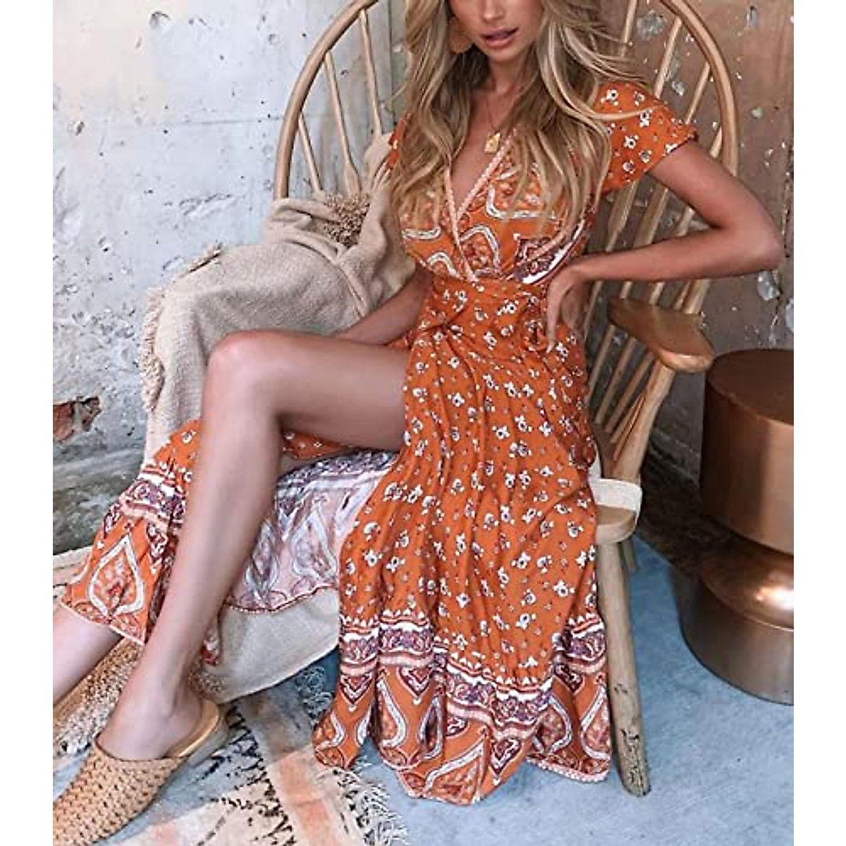 ZESICA Women's 2025 Bohemian Floral Printed Wrap V Neck Short Sleeve Split Beach Party Maxi Dress,Tangerine,Large