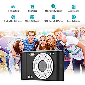 Andoer Portable Digital Camera 48MP 2.7K 2.88-inch IPS Screen 16X Zoom Auto Focus Self-Timer 128GB Extended Memory Face Detection Anti-Shaking with 2pcs Batteries Hand Strap Carry Pouch