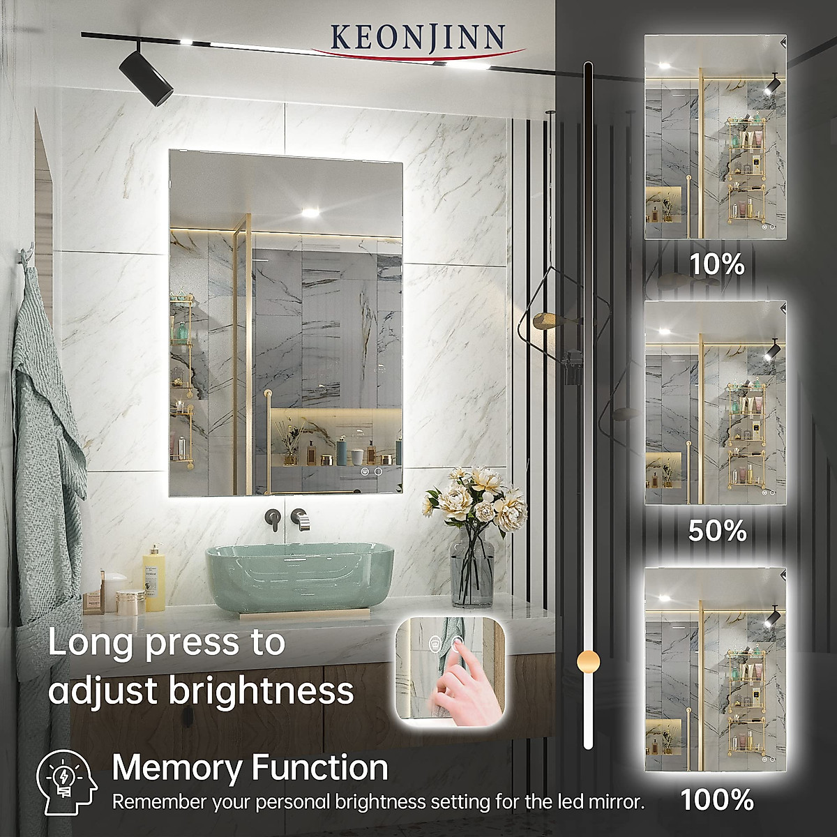Keonjinn LED Bathroom Mirror, 24 x 36 Inch LED Mirror Lighted Bathroom Mirror, Anti Fog Acrylic Backlit Vanity Mirror with Lights, IP44 Waterproof CRI90+ Dimmable Makeup Mirror(Horizontal/Vertical)