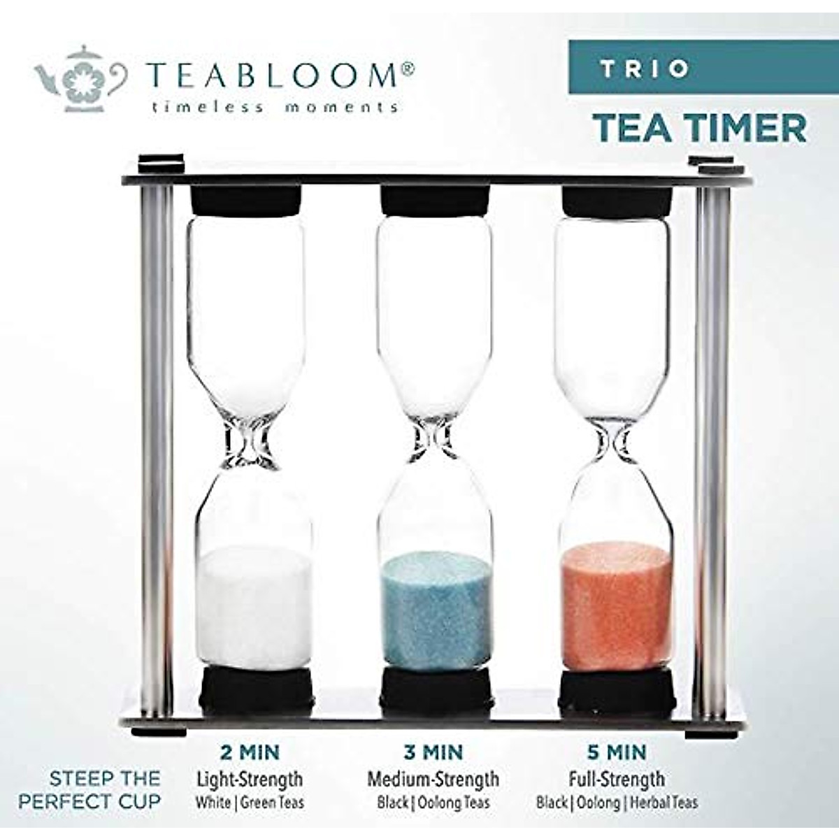 Teabloom Trio Tea Timer - 2 Minutes for Light-Strength White/Green Teas, 3 Minutes for Medium-Strength Black/Oolong Teas, and 5 Minutes for Full-Strength Black/Oolong/Herbal Teas