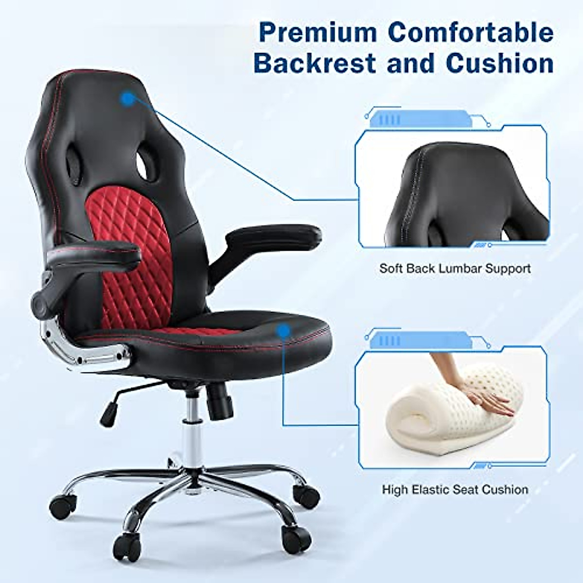 Ergonomic Gaming Chair - Mid Back PU Leather Home Office Desk Chairs, Flip Up Armrest Computer Task Chair with Lumbar Support Wheels, Rocking, and Swivel, Red