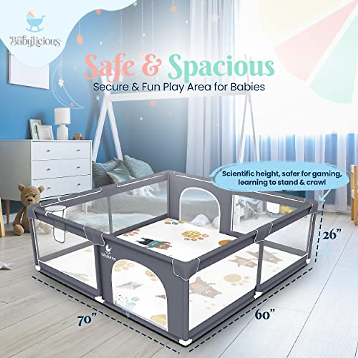 Baby Playpen with Full Play Mat for Babies and Toddlers - Cozy Play Yard with Gate, Fence, Game Balls & Carry Bag - Indoor or Outdoor - 72 x 60 Inch Play Area - Large Cuddlepen by Babylicious