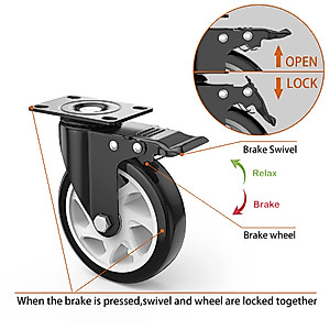 5 Inch Caster Wheels, Heavy Duty 5” Casters Set of 4 with Brake, TONSUM No Noise Polyurethane (PU) Wheels and Safety Dual Locking casters, Swivel Plate Castors (Two Hardware Kits for Free) (5inch)