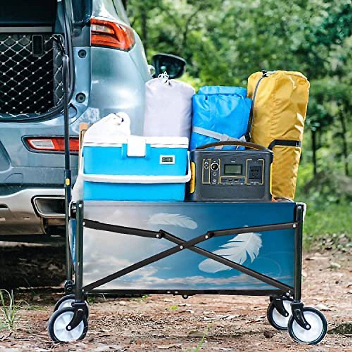 Collapsible Wagon Cart A White Feathers Bird Floating in The Sky Feather Abstract in Freedom Foldable Utility Wagon Large Capacity Garden Cart with Push Bar for Beach Camp Outdoor Shopping