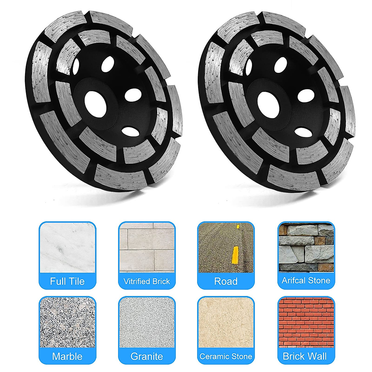 2 Packs of 4” Dual Row Teeth Diamond Cup Wheels with Lock Nuts and 5/8-11 Spanner for Angle Grinders, Grinding Polishing Cleaning Concrete Stone Granite Cement Marble Masonry Rock Brick Hard Materials