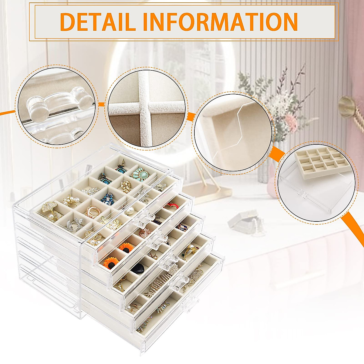 Watpot Acrylic Jewelry Box with 5 Drawers, Clear Earring Storage Organizer Display Case for Women Girls, Beige