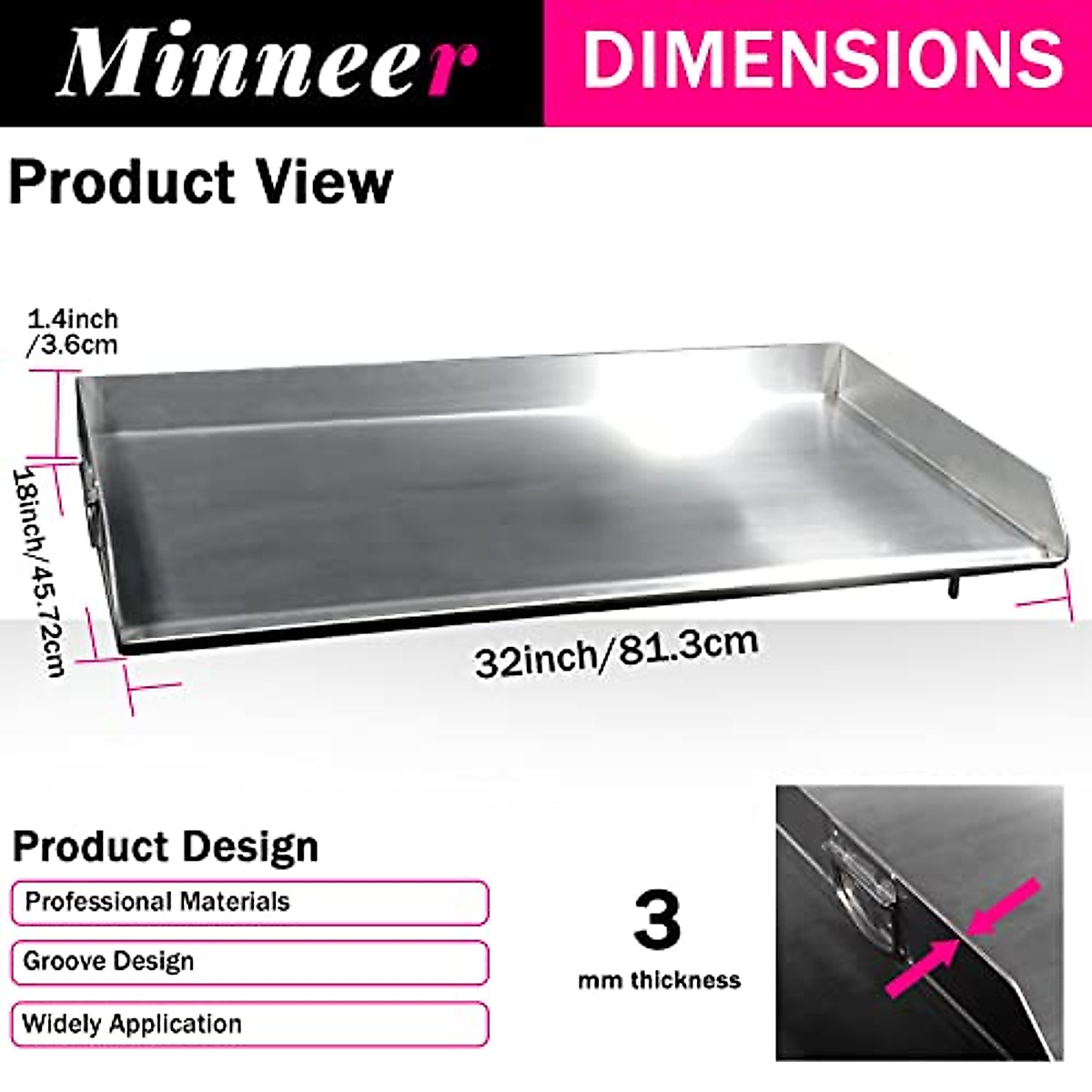 Minneer 100% Stainless Steel Universal Griddle with Even Heat Cross Bracing and Integral Handles for Charcoal/Gas Grills, Camping, Tailgating, and Parties (32" - 18")
