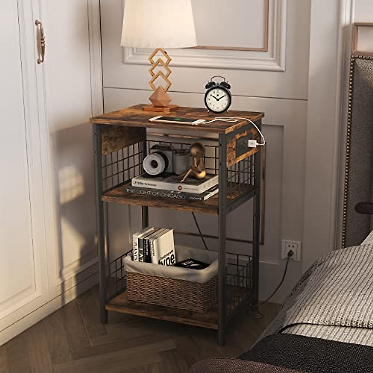 LDTTCUK Side Table with Charging Station & USB Ports,3-Tier End Table for Living Room,Study,Bedroom,Narrow Sofa Table Bedside Table with Storage Shelf,Small Nightstand,Rustic Brown