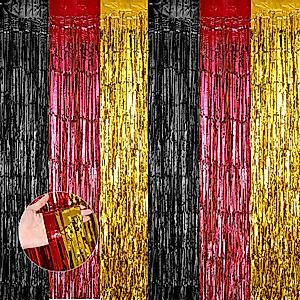 Peryiter 6 Pcs Metallic Tinsel Foil Fringe Curtains 3.3 x 6.6 ft Backdrop Props for Halloween Birthday Anniversary Bridal Shower Baby Shower Holiday Party Decorations(Black, Red, Gold)