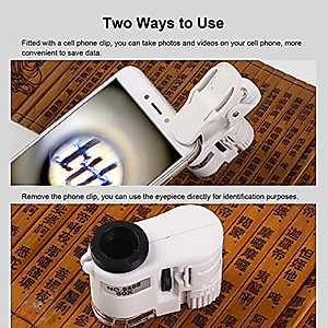 60X Mini Mobile Phone Microscope with UV/LED Light, Clip Loupe Microscope Magnifier for Currency Detecting, Jewelry Rocks Coins Evaluating and Repairing, for Most Cellphones