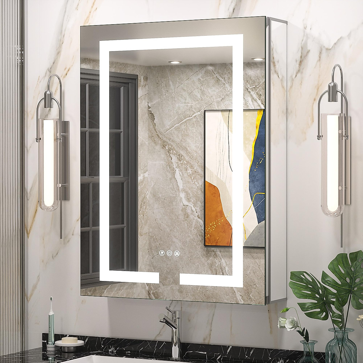 Keonjinn 24 x 32 LED Medicine Cabinet for Bathroom with Light Adjustable Shelves Electrical Outlet Dimmable Defogging 3 Color Light Tempered Glass LED Vanity Mirror with Storage Recessed/Surface Mount