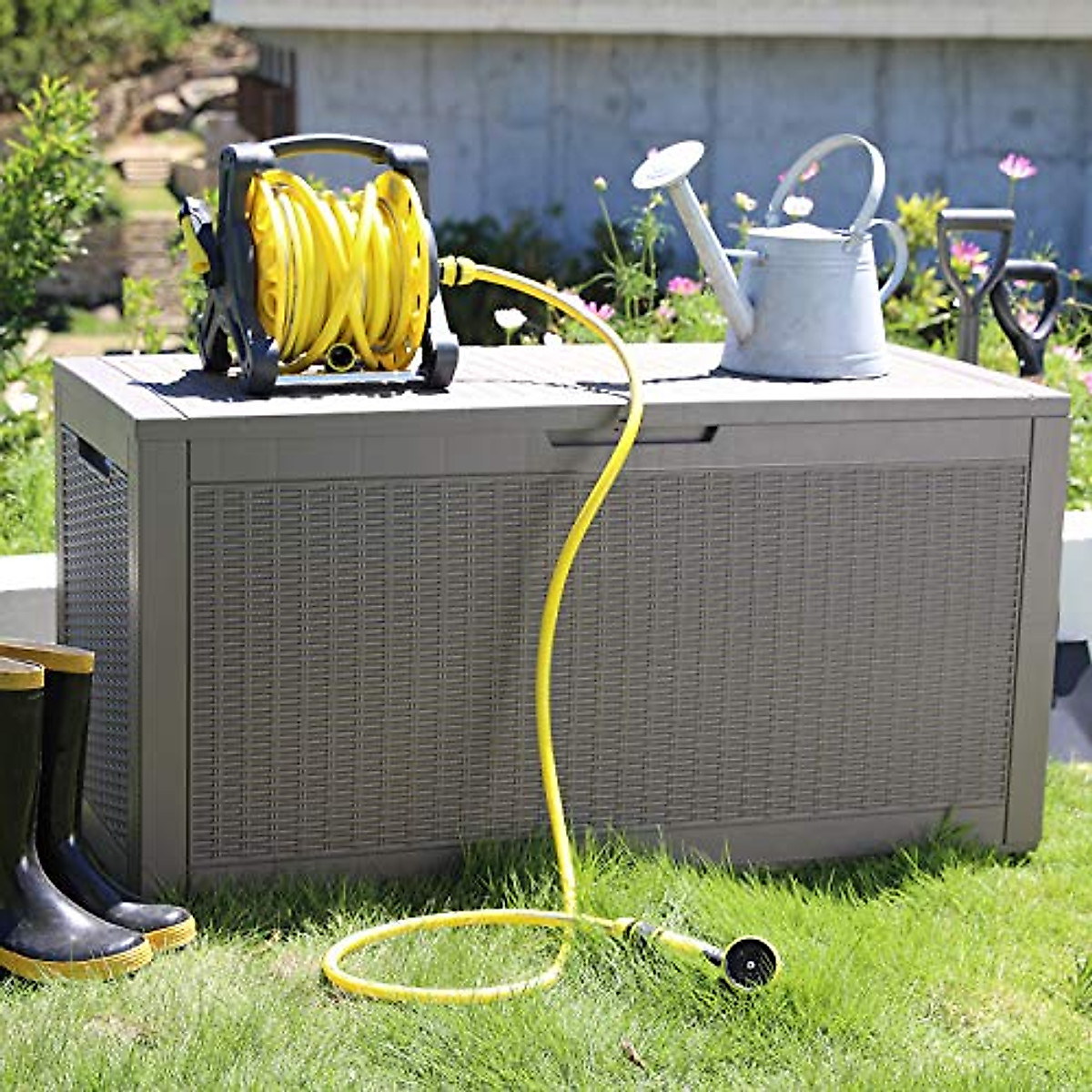 Modern-Depo 100 Gallon Deck Box Waterproof Outdoor Storage Bench Resin Garden Tools Pool Towel Storage Bin Porch Delivery Box, Brown