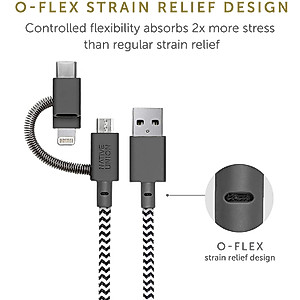 Native Union Belt Cable Universal - 6.5ft Ultra-Strong Reinforced [MFi Certified] Durable Charging Cable with 3-in-1 Adaptor for Lightning, USB-C and Micro-USB Devices (Zebra)