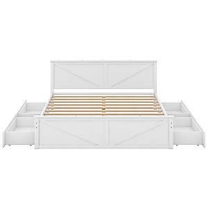 LZ LEISURE ZONE King Size Platform Bed, Wooden Platform Bed Frame with 4 Storage Drawers and Support Legs, No Box Spring Needed, White
