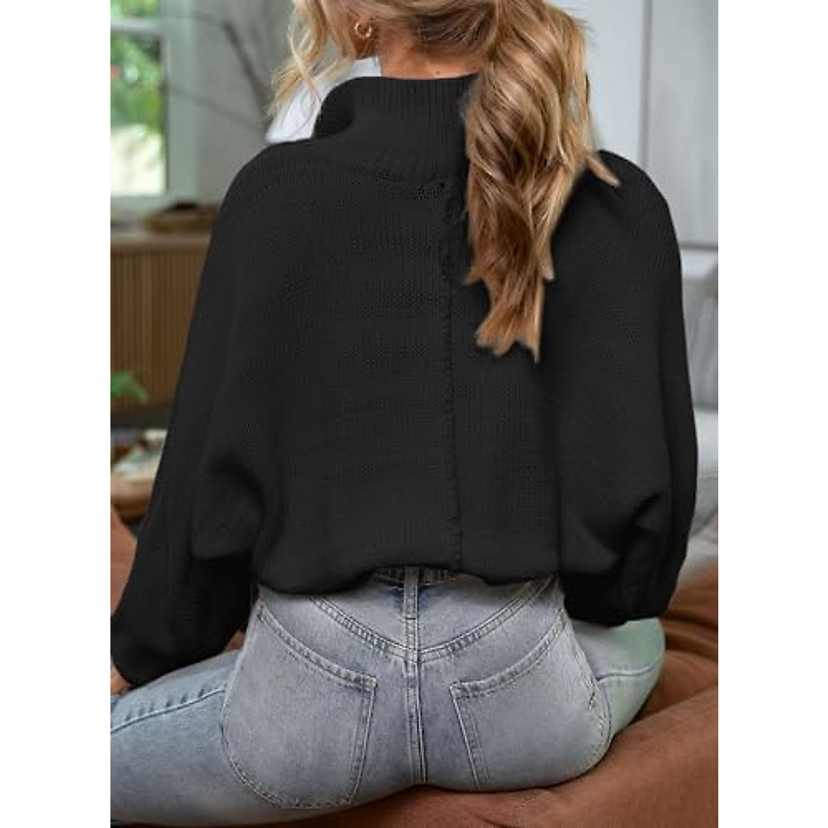 EVALESS Womens Fall Knit Chunky Oversized Sweater 2024 Trendy Fashion Stand Collar Button-Up Long Sleeve V Neck Pullover Tops Outfits Clothes Black X-Large