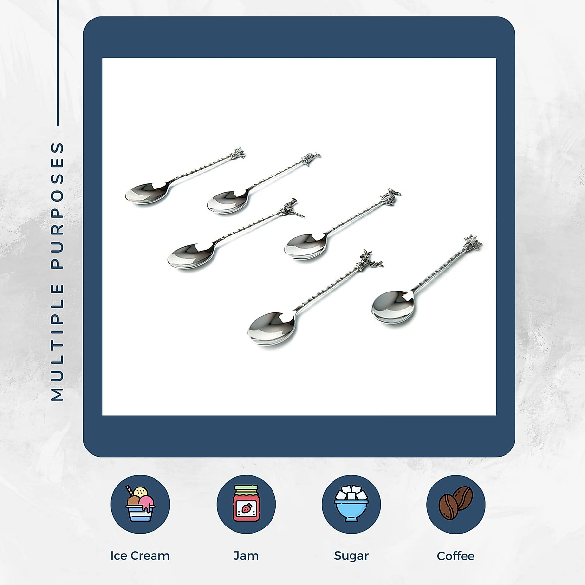 Rigeli Regent White Bronze plated Set of 6 Tea/Coffee Spoons (Animals Design),Giftpacked 6Pcs Stainless Steel, Spoon Set for Tea, Sugar, Coffee, Small Spoon Set, Ice Cream Spoon (Silver)