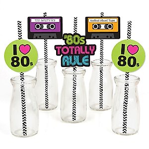 80's Retro - Paper Straw Decor - Totally 1980s Party Striped Decorative Straws - Set of 24