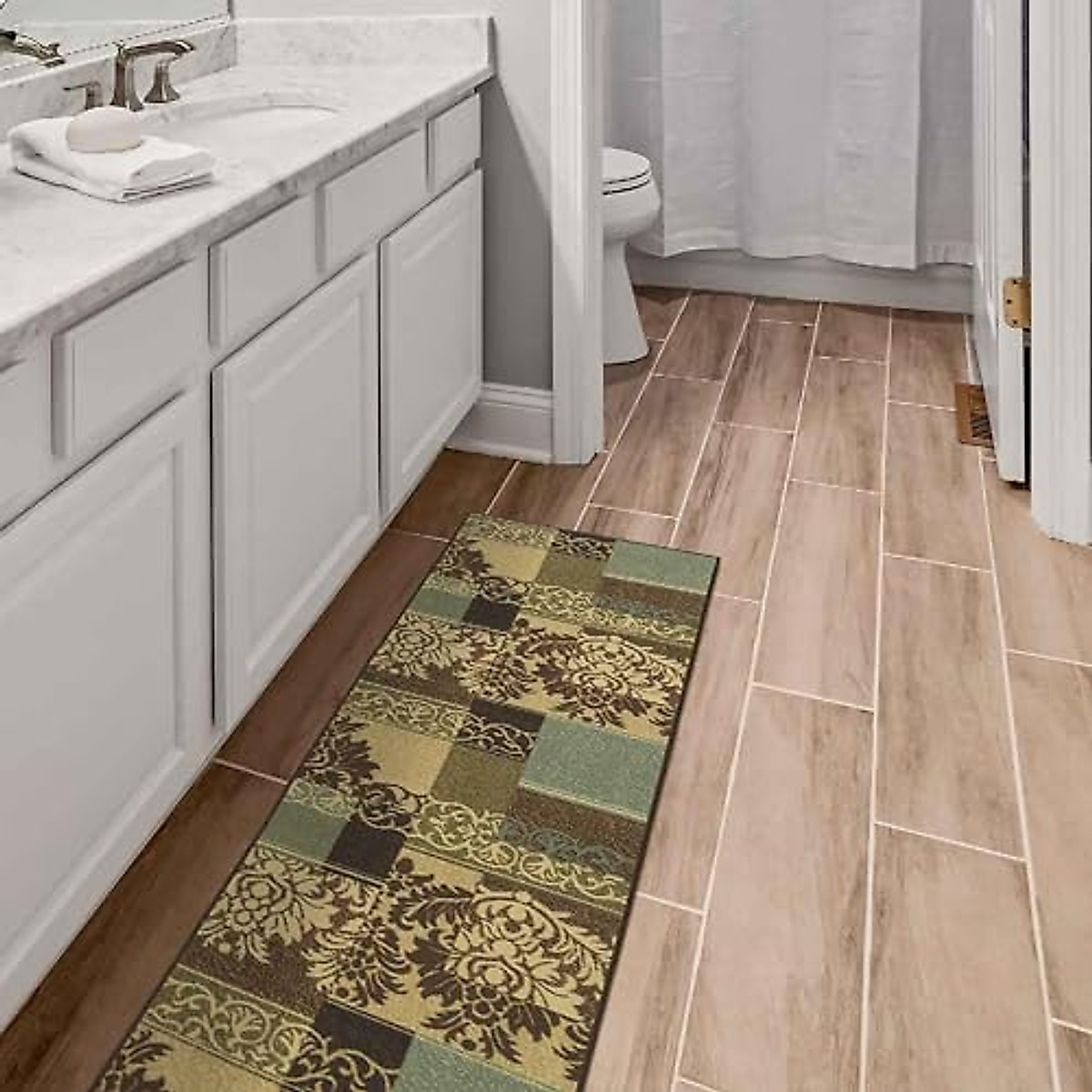 Machine Washable Damask Design Non-Slip Rubberback 3x10 Traditional Runner Rug for Hallway, Kitchen, Bedroom, Living Room, 2'7" x 9'10", Brown/Green