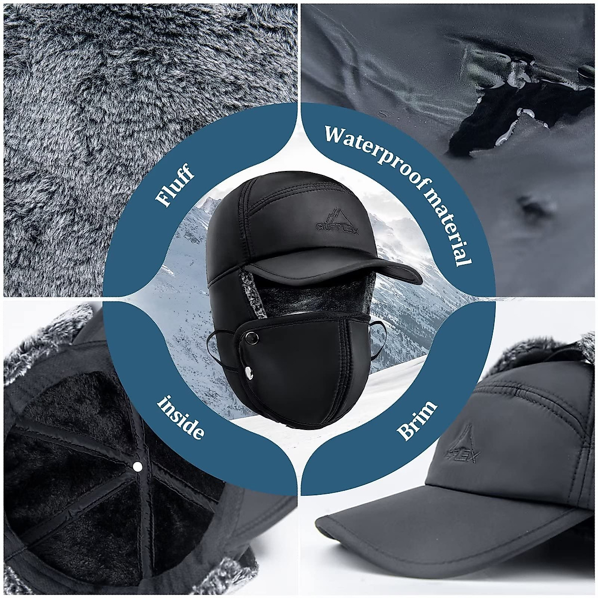 Winter Trapper Hats for Men Warm Trooper Hunting Hat with Ear Flaps Windproof Mask Ushanka Hat for Women in Color Black