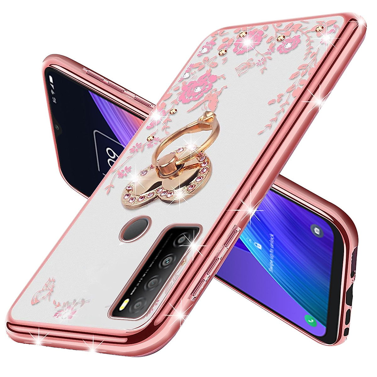 KuDiNi for TCL 30 XL Phone Case, 30XL T701DL Case for Women Glitter Crystal Soft Bling Butterfly Heart Floral Clear Protective Cover with Kickstand+Strap for TCL 30 XL 30XL (Rose Gold)