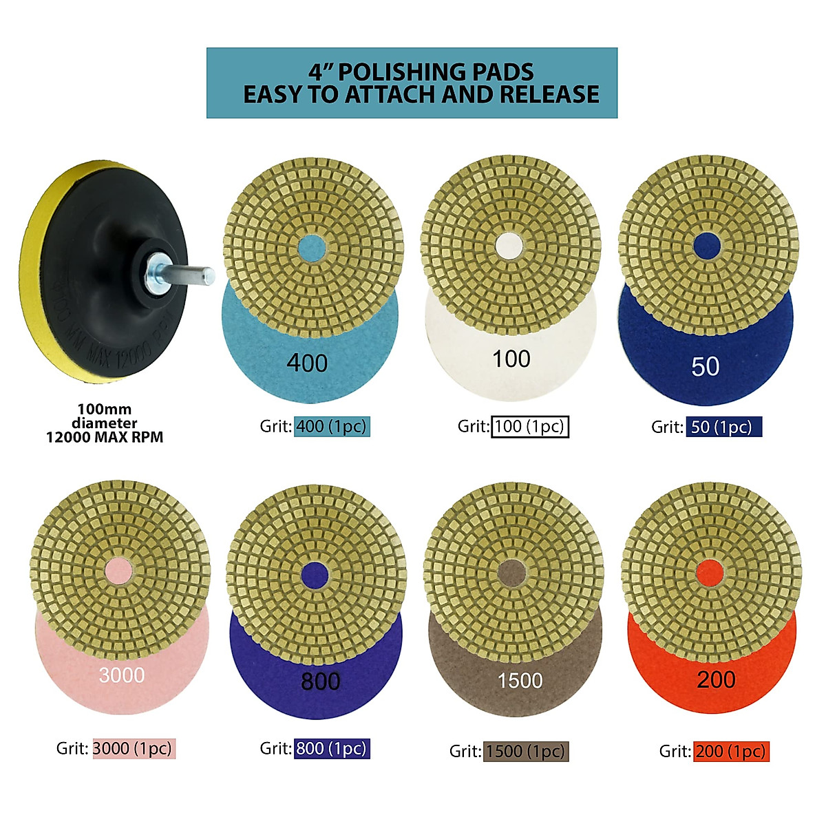 Performore Diamond Polishing Pads 4 Inch Diameter Wet/Dry Pads 8-Pack, 7 Pads with Varying Grit (#50-#3000) and 1 Backer Pad, Includes Drill Adapter for Stone Granite Marble or Concrete