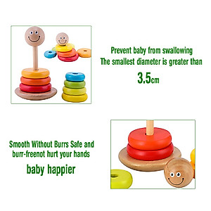 ACOOLTOY Wooden Rainbow Stacking Tower, Stacking Ring Toys for Children Over 18 Months