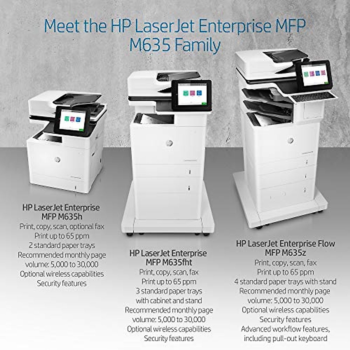 HP LaserJet Enterprise MFP M635fht Monochrome All-in-One Printer with built-in Ethernet, 2-sided printing, extra paper tray & wheeled stand (7PS98A)