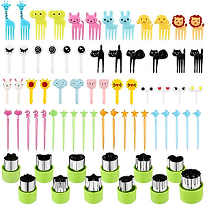 78 Pcs Food Fruit Fork Picks for Kids and Vegetable Cutters Shapes Set, Includes 12 Pcs Stainless Steel Mini Cookie Cutters and 66 Pcs Cute Animal Bento Forks Cake Little Forks Mini Cartoon Toothpick