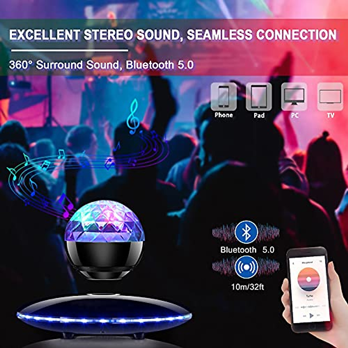 RUIXINDA Magnetic Levitating Bluetooth Speaker, Floating Speaker with Night Light Projector, Colorful Led Flashing Show for Home Birthday Party, Cool Tech Gadgets Birthday