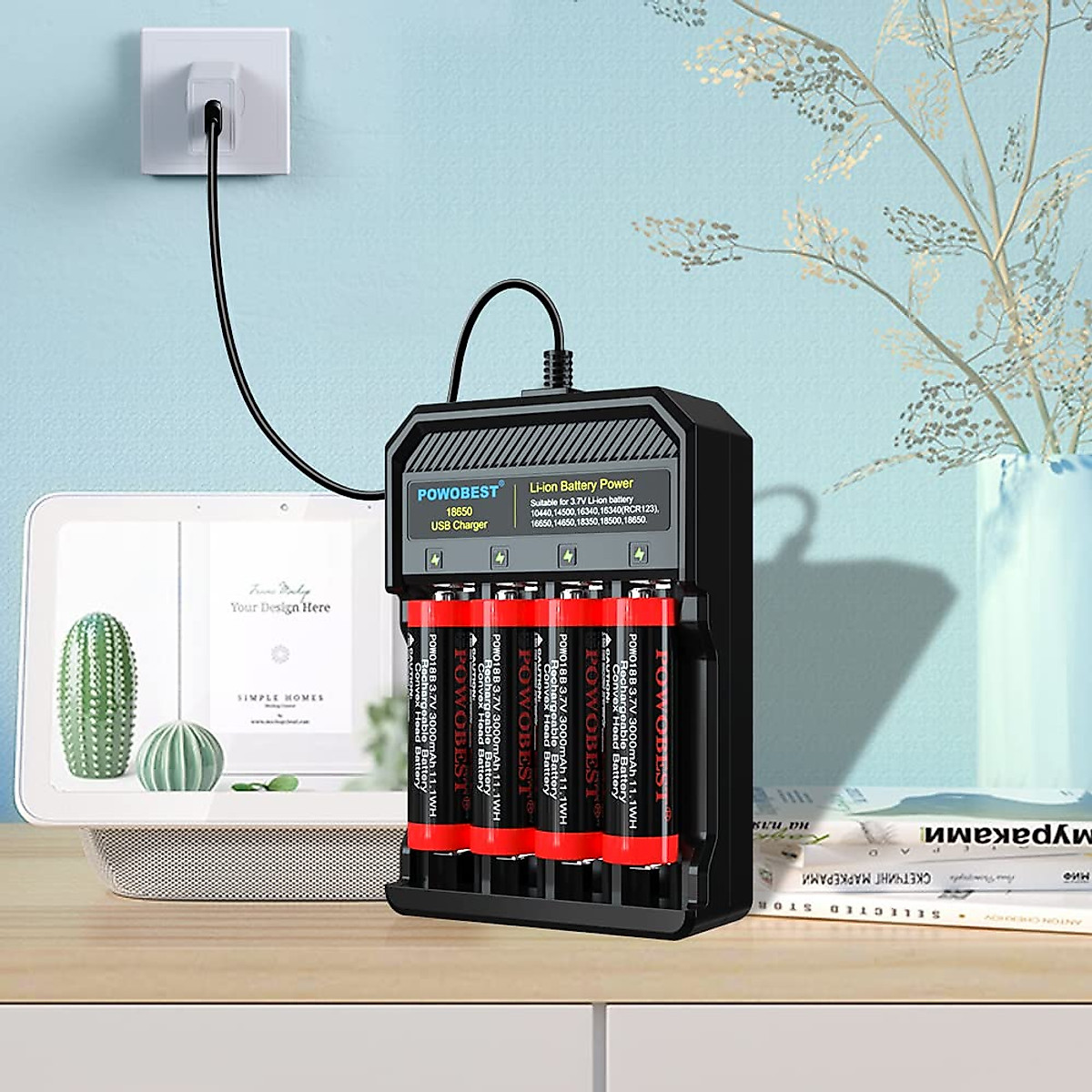 POWOBEST 18650 Battery Charger, 4 Bay USB Smart Universal Battery Charger Compatible with 3.7V Li-ion IMR INR 14500 14650 18350 18500 18650 RCR123A 18490 16340 17670 POWO18B Batteries Charger