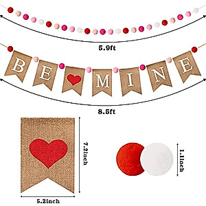 WATINC 2PCS Valentine's Day Burlap Banners Pom Pom Garland Set, Be Mine Burlap Banner with Felt Ball Decoration, Valentine Wedding Anniversary Party Bunting Garland Lover Romantic Hanging Decors