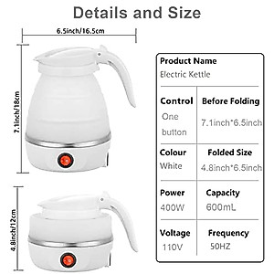 Foldable Electric Kettle,Upgraded Food Grade Silicone,600ML Small Portable Travel Electric Kettle, 400W Travel Electric Kettle, 110V US Plug (White)