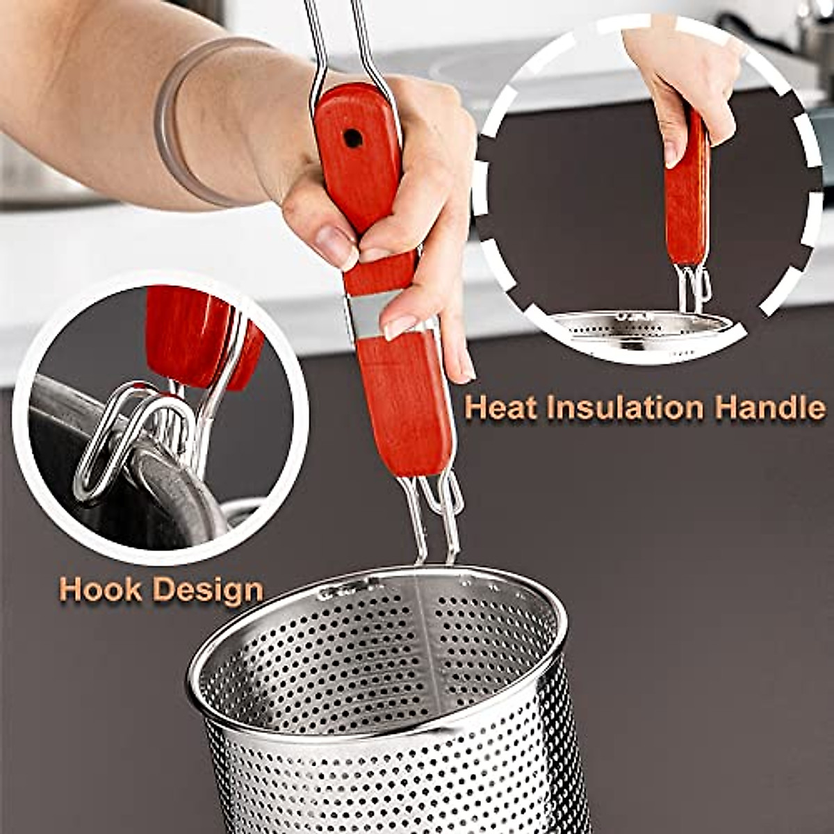 Tenta Kitchen Micro-Perforated Stainless Steel Pasta Basket Mesh Spider Food Dumpling Noodle Strainer,Fine Mesh Skimmer Kitchen Fine Sieve Mesh Strainer with Wooden Handle (Strainer, 14cm)