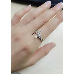 CZ Mermaid Silver Ring for Women Girls Adjustable Expandable Layered Dophin Fish Tail Shell Pearl Open Wrap Finger Rings Comfort Fit Dainty Birthday Wedding Anniverary Jewelry Gift Daughter Sister (Silver)