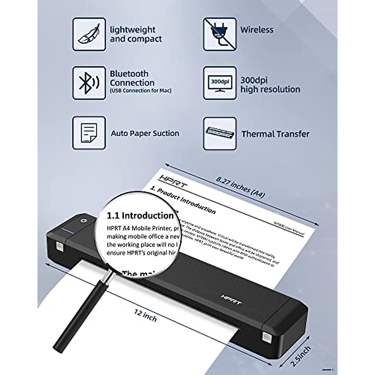 HPRT Portable Printer Wireless Bluetooth Thermal Transfer Mobile Printer Inkless Phone Compatible with Android and iOS, Laptop for Travel 8.5" X 11" US Letter&A4 Paper (USB Driver Included)