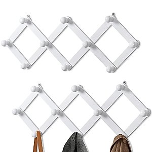 TRSPCWR 2 Pack Accordion Wall Hanger, Expandable Coat Rack Wall Mounted, Solid Wooden Wall Hat Rack, Wood Hat Hanger for Hanging Coat, Hats, Caps, Mugs, 10 Peg, White