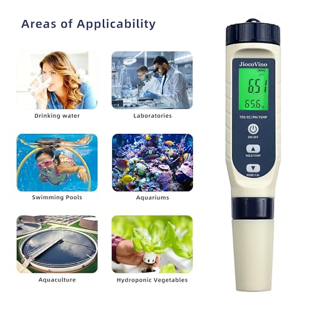 JiocoVino Digital pH/TDS Meter for Water Quality, 4 in 1 Waterproof Water Tester with Backlit Measurement 1-9990ppm for Drinking Swimming Pool Hydroponic Aquarium (Ivory White)