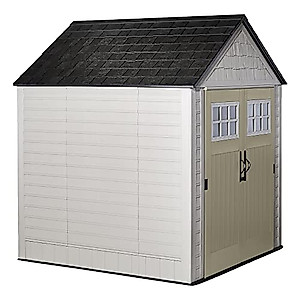 Rubbermaid 7x7 Ft Durable Weatherproof Resin Outdoor Storage Shed for Garden Tool and Lawn Machinery Organization, Sandstone (2 Pack)