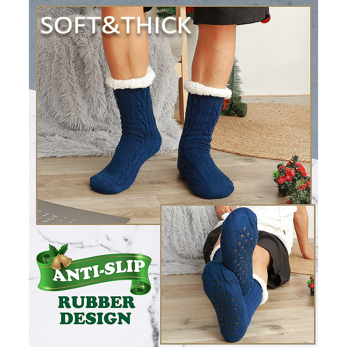 EBMORE Mens Slipper Fuzzy Socks Winter Cozy Fluffy Cabin Warm Fleece Soft Comfy Thick Non Slip Christmas Home Stocking Stuffer (Blue)