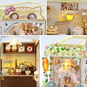 SYW DIY LED Lights Miniature Dollhouse Kit Cat Coffee Doll House Model Wooden Furniture for Christmas 's Day Creative Gifts with Dust Cover and Music （Cat Coffee Shop ）