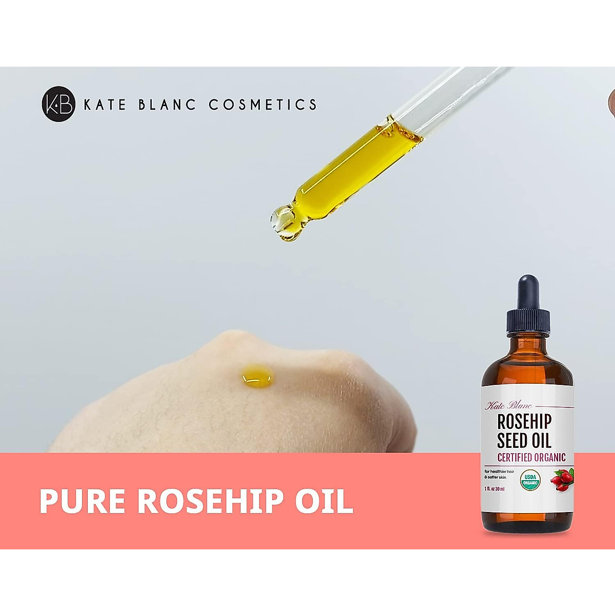 Kate Blanc Cosmetics Rosehip Oil for Face & Skin (1oz, Organic, Pure, Cold Pressed) Rosehip Seed Face Oil for Facial & Gua Sha Massage