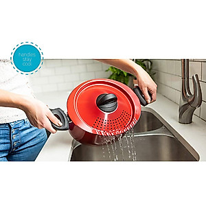 Bialetti Oval Aluminum 5.5 Quart Pasta Pot with Strainer Lid, Nonstick, Red, 5.5 Quarts