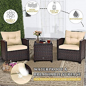 Tangkula 3 Pieces Patio Furniture Set, PE Rattan Wicker 3 Pcs Outdoor Sofa Set w/Washable Cushion and Tempered Glass Tabletop, Conversation Furniture for Garden Poolside Balcony (Beige)