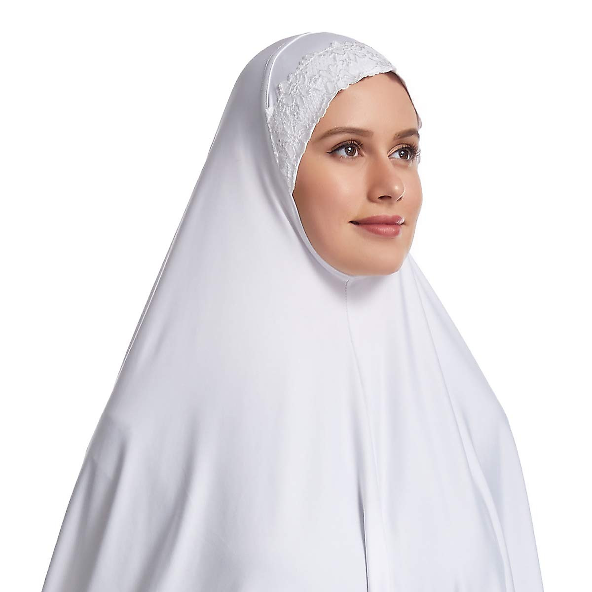 khalat Women's Elegant Hijab Lace Trim Muslim Islamic Ramadan Soft Lightweight Hijab Long Scarf White