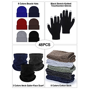 48 Pack Winter Warm Beanie Hat Neck Warmer Set for Men Women Knitted Hat with Winter Touchscreen Gloves Neck Gaiter Warm Sock for Winter Wearing Homeless Care Charity Donation Multicolor