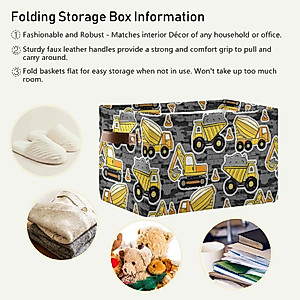 Construction Yellow Machinery with Truck Crane and Bulldozer Grey Rectangular Storage Basket Bin, Collapsible Storage Box with Leather Handles, Nursery Baskets Organizer for Kitchen, Kids Toy