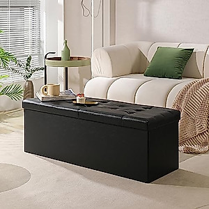 PRANDOM Jumbo Ottoman with Storage [1-Pack] Faux Leather Folding Small Square Foot Stool with Lid for Living Room Bedroom Coffee Table Dorm Black 43x15x15 inches