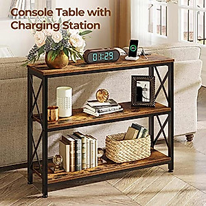 Rolanstar Bookshelf 6 Tier with 4 Hooks, Industrial Wood Bookcase, Vintage Storage Rack Bundle Narrow Console Table